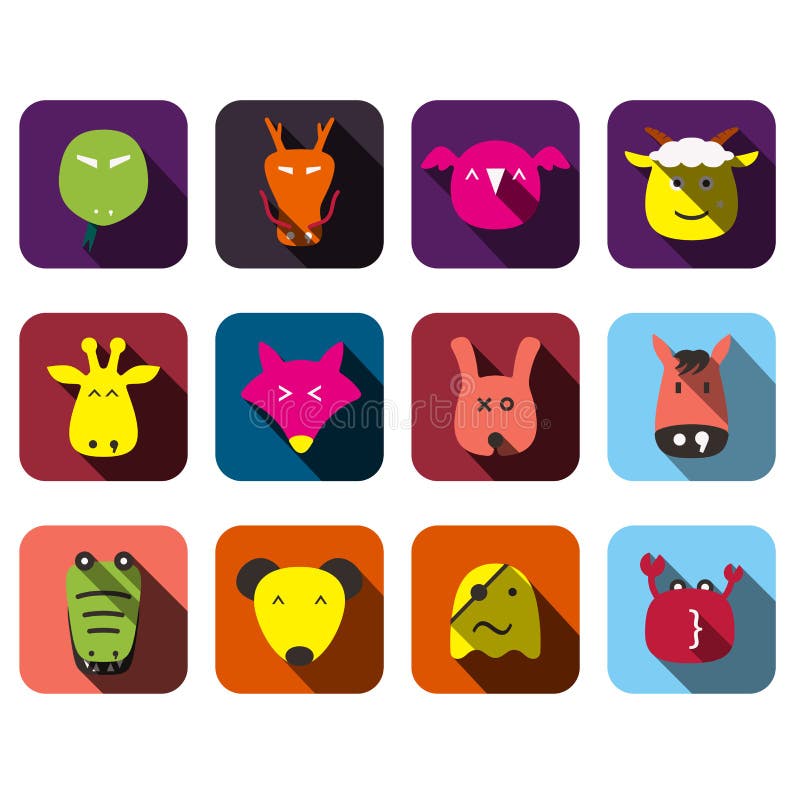 Animal Face Flat Design Icons, Vector Black Illustration Stock Vector ...