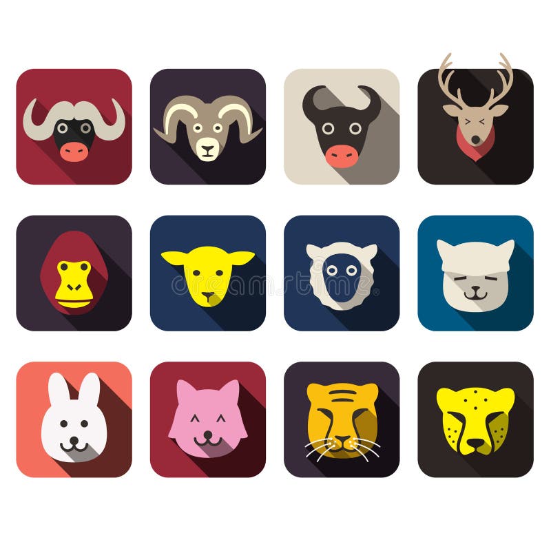 Animal Face Flat Design Icon Set Stock Vector - Illustration of frame ...