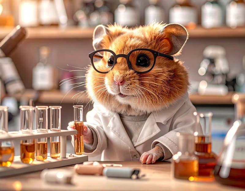 An Animal Hamster Scientist Does Experiments in a Laboratory with Test ...