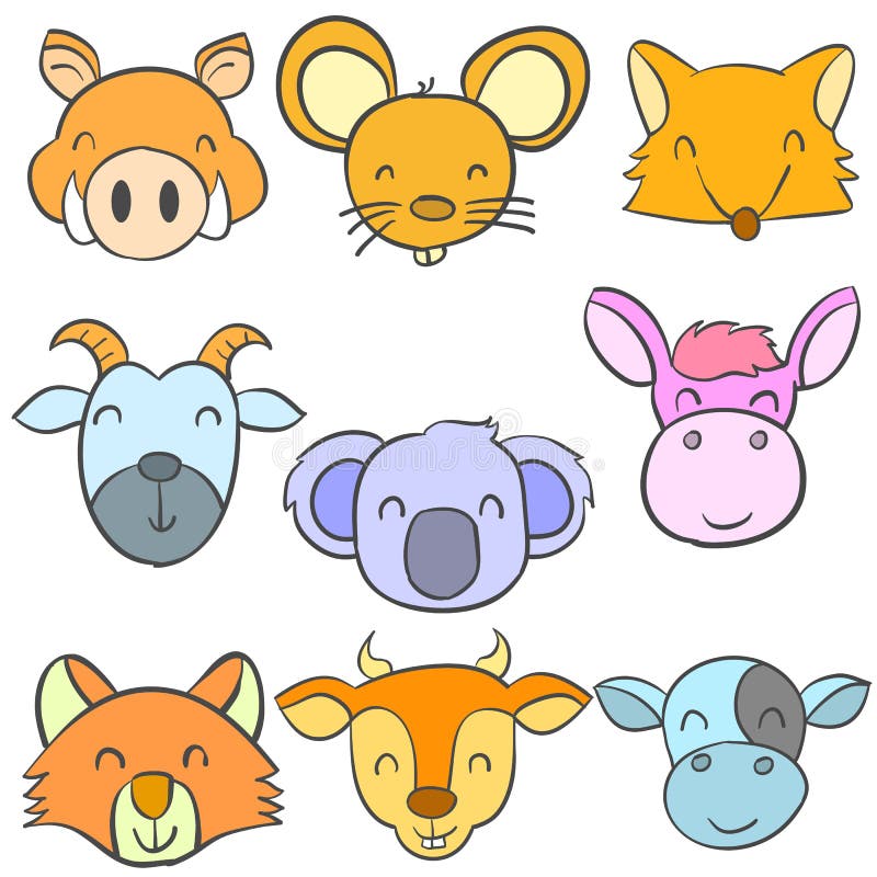 Animal Head Cute Funny Doodles Stock Vector - Illustration of character ...