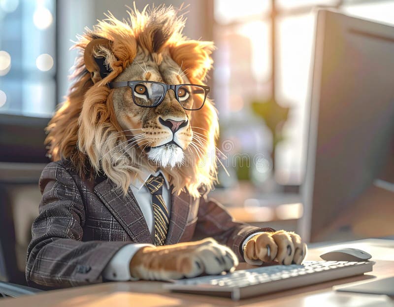 The Animal Lion is Dressed in a Suit and Glasses, Sits in an Office and ...