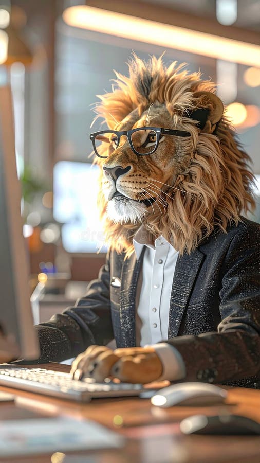 The Animal Lion is Dressed in a Suit and Glasses, Sits in an Office and ...