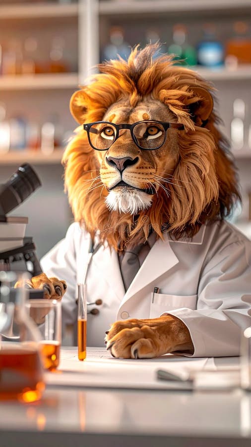 An Animal Lion Scientist Does Experiments in a Laboratory with Test ...