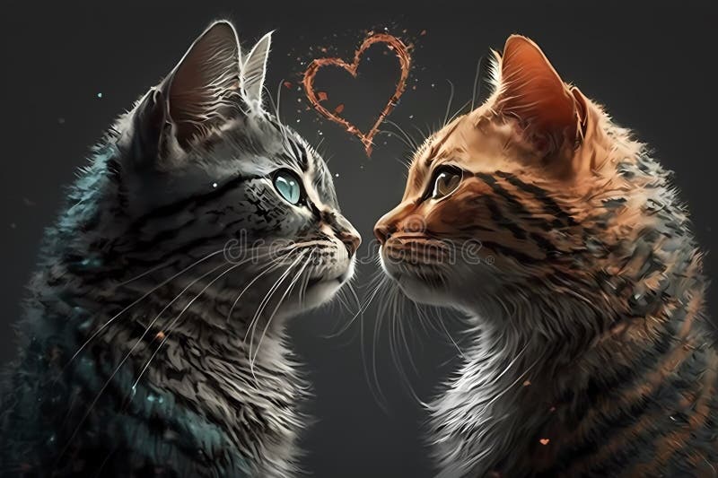 Animal Love. Two Cats Showing Affection with Hearts. Stock Illustration ...