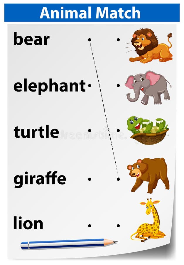 An Animal Matching Worksheet Stock Vector - Illustration of homework ...