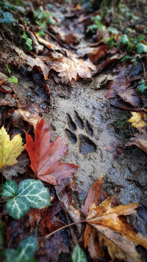 Animal Paw Print in Autumn Forest Mud Stock Illustration - Illustration ...
