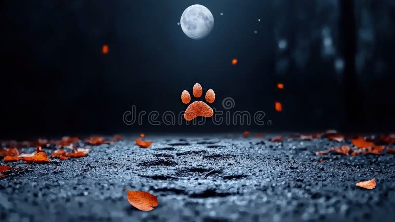 Animal Paw Prints on a Dark Path with Leaves Under a Glowing Moon Stock ...