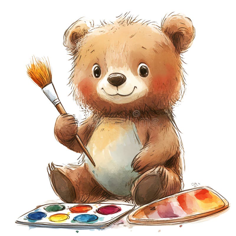 A Cute, Illustrated Teddy Bear Sits Holding a Paintbrush Stock ...