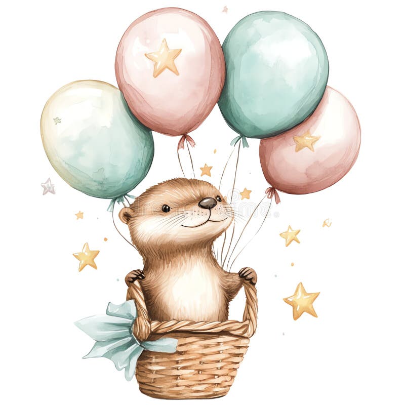 A Whimsical Illustration of an Otter Sitting in a Woven Basket Stock ...