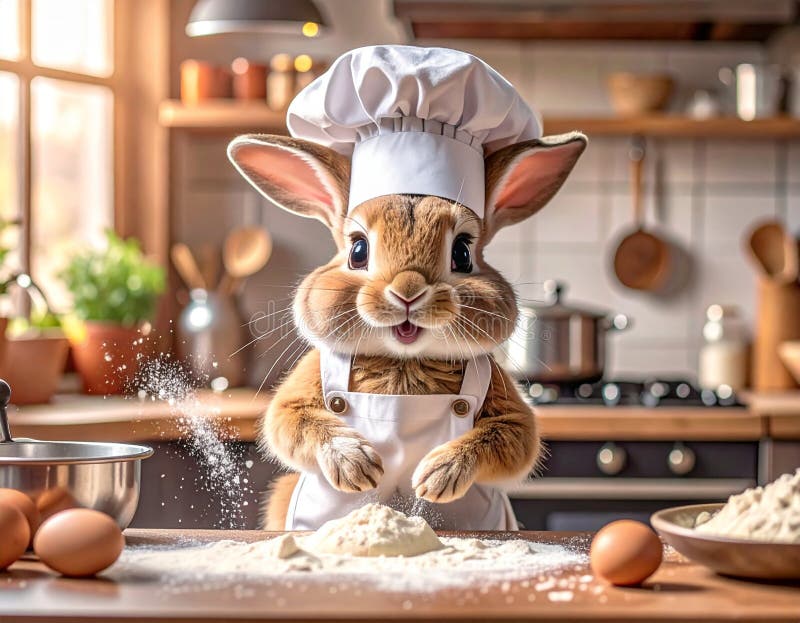 An Animal Rabbit in a Chef S Cap and Apron Prepares Flour Dough. Stock ...