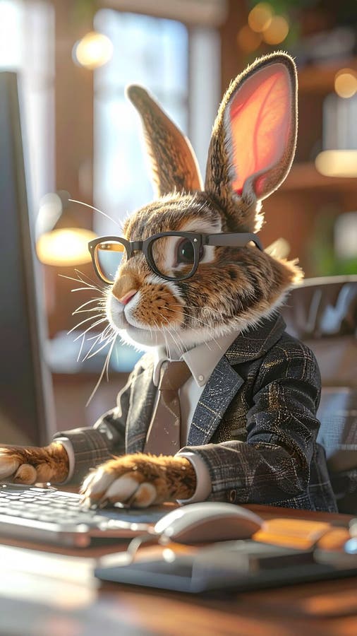 The Animal Rabbit is Dressed in a Suit and Glasses, Sits in an Office ...