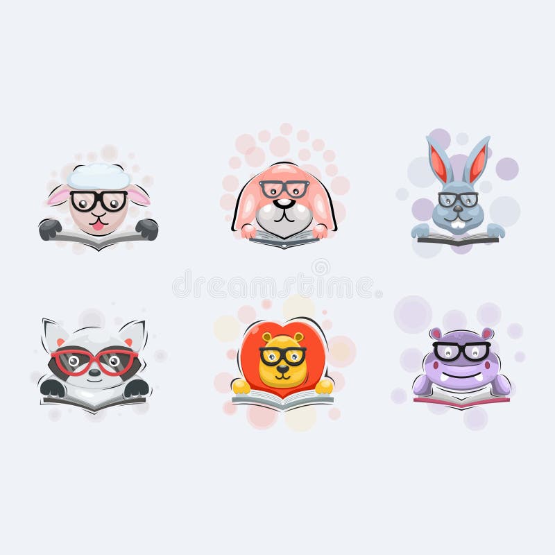 Animal Reading Book Mascot Cartoon Collection Stock Illustration ...