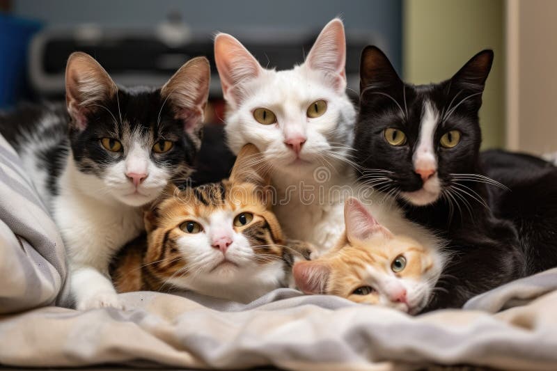 Animal Shelter, with Group of Cats Snuggled Together on Bed Stock ...
