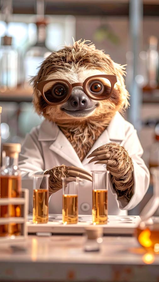 An Animal Sloth Scientist Does Experiments in a Laboratory with Test ...