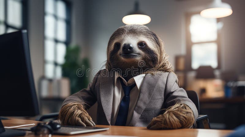 Animal Sloth in a Suit at a Desk in the Office, Blurred Background ...
