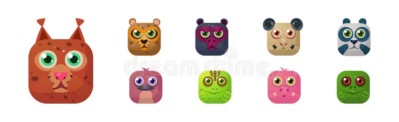 Animal Square Face. Cute Cartoon UI Icons with Funny Muzzles, Wildlife ...