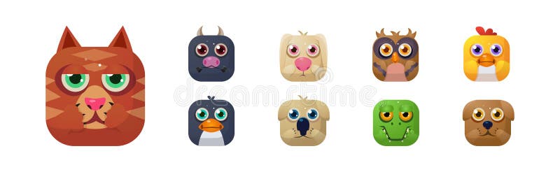 Animal Square Faces and Cute Muzzle Icon for Mobile Application Vector ...