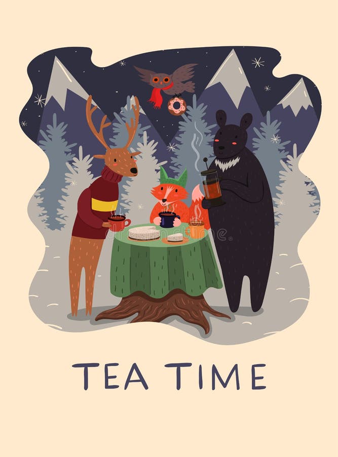 Animal Tea Party in the Winter Forest Stock Illustration - Illustration ...