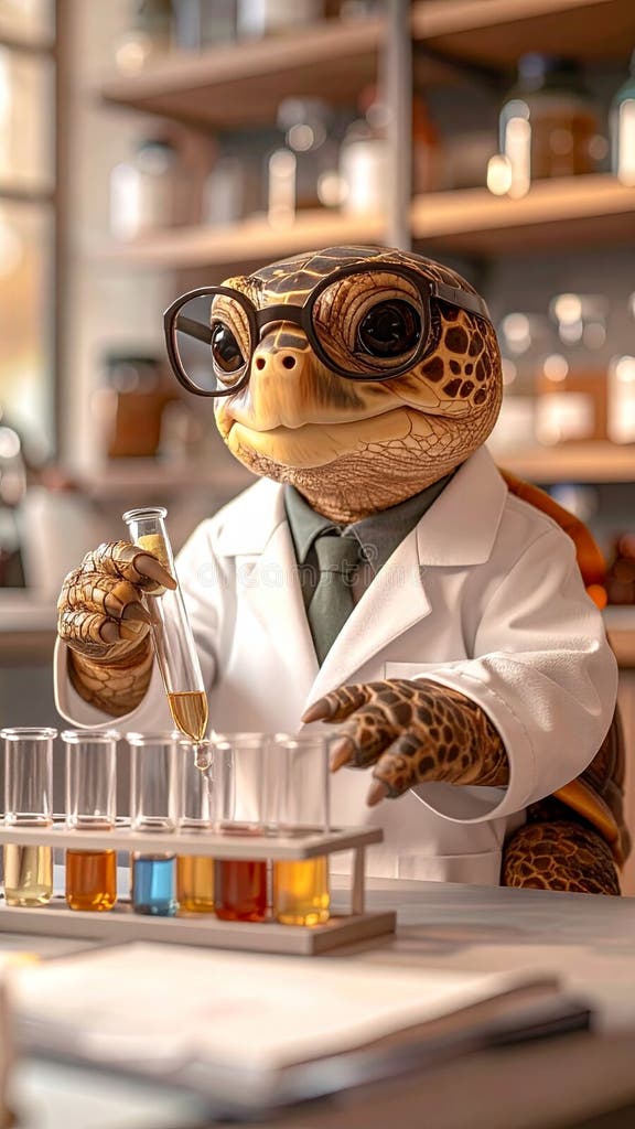 An Animal Turtle Scientist Does Experiments in a Laboratory with Test ...