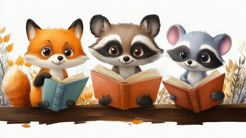 Animales De Dibujos Animados Que Leen Libros Stock de ilustración ...