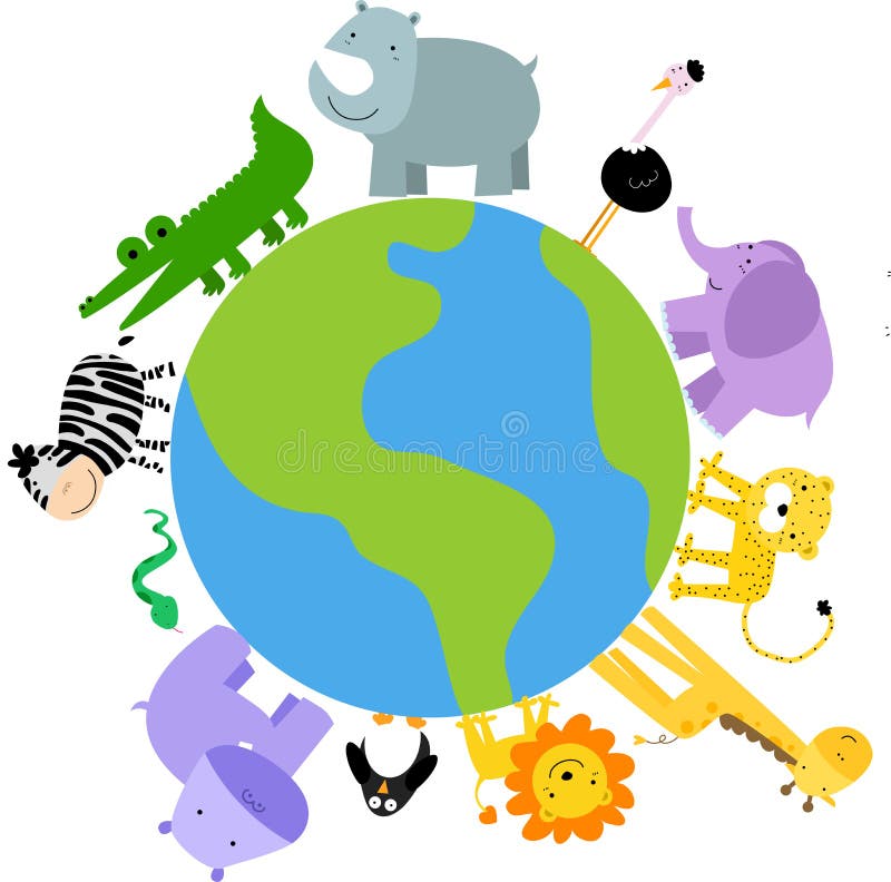 Vector El Mapa De La Tierra Con Los Animales Alrededor Del Planeta ...