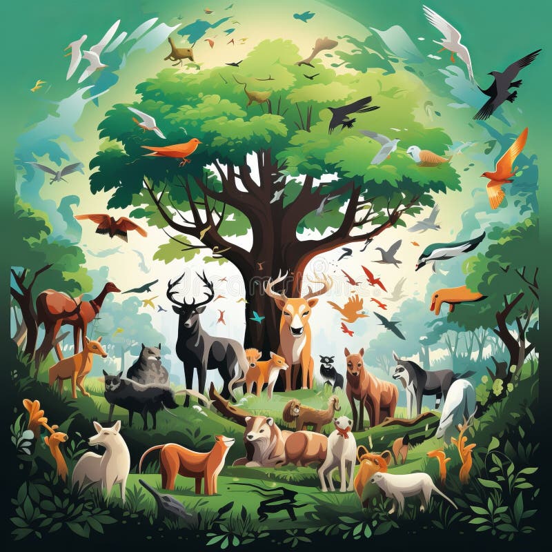 Animals and Birds in the Forest with a Tree in the Background Stock ...