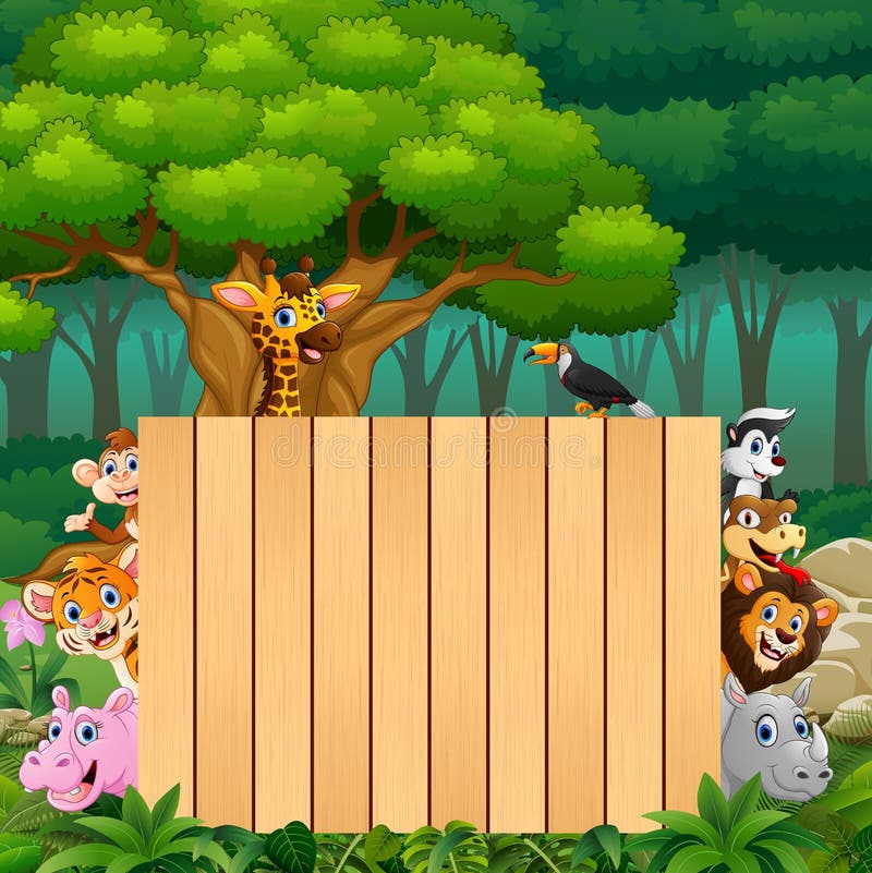 Animals with Blank Sign Wood in Jungle Stock Vector - Illustration of ...