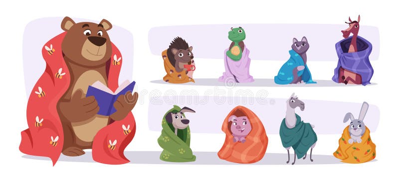 Animals with Blankets. Cartoon Characters in Cozy Plaids Exact Vector ...
