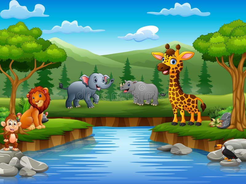 Animals Cartoon are Enjoying Nature by the River Stock Vector ...