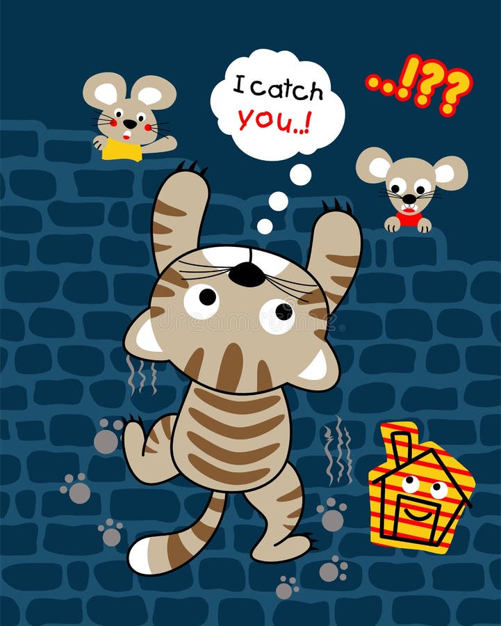 Animals Cartoon Vector, Cat Crawl on Bricks Wall Hunting Rats Stock ...