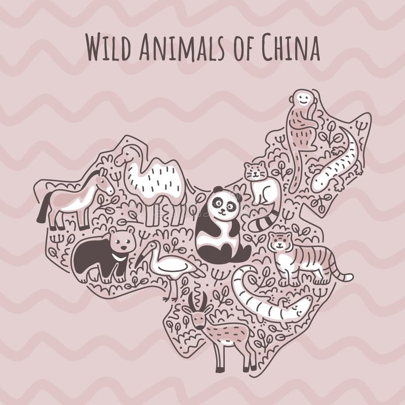 Animals of China on Map. Doodle Style Illustration. Outline Sketch ...