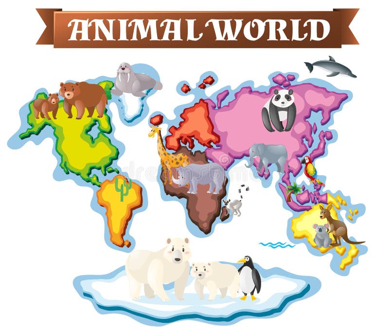 Animals in Different Parts of the World on Map Stock Vector ...