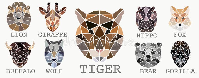 Animals are Drawn with a Polygon. Faces of Animals in Colored Tones ...
