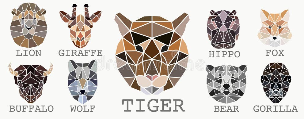 Animals are Drawn with a Polygon. Faces of Animals in Colored Tones ...