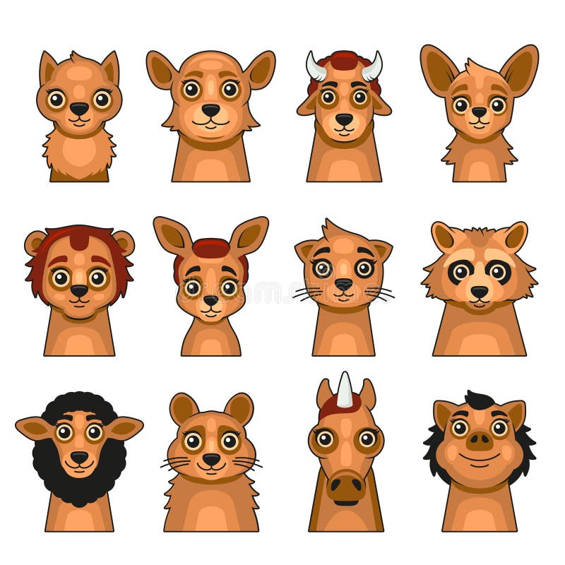 Animals Face Icons Set. Cute Cartoon Style Stock Vector - Illustration ...