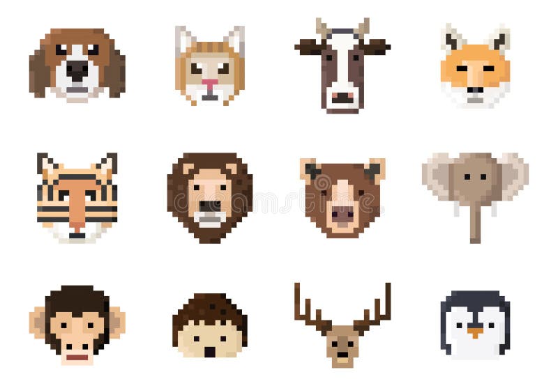 Animals Faces in Pixel Art Style Vector Set Stock Illustration ...