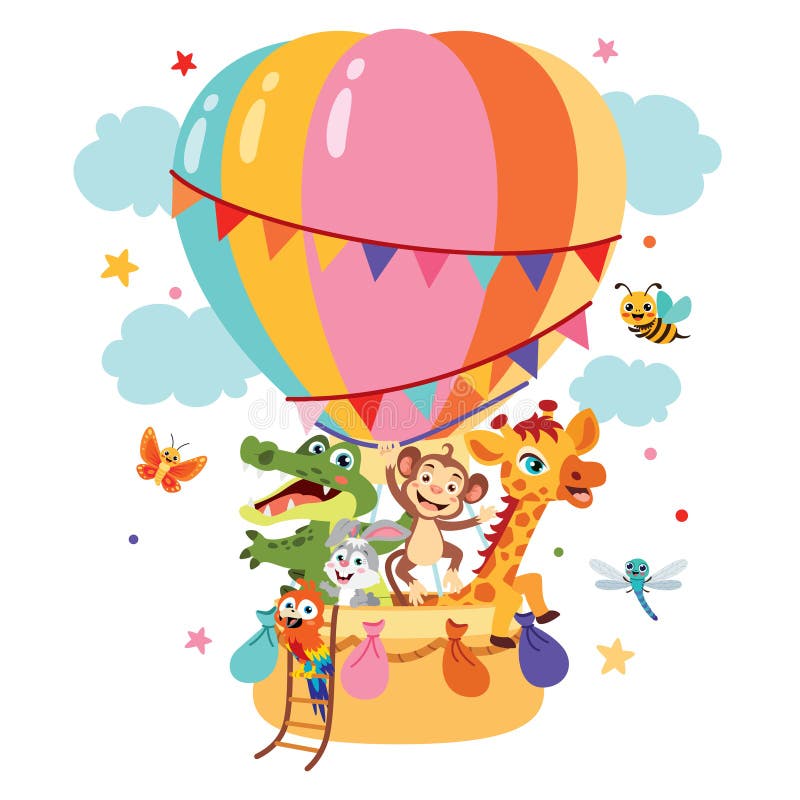 Animals Flying with Air Balloon Stock Illustration - Illustration of ...