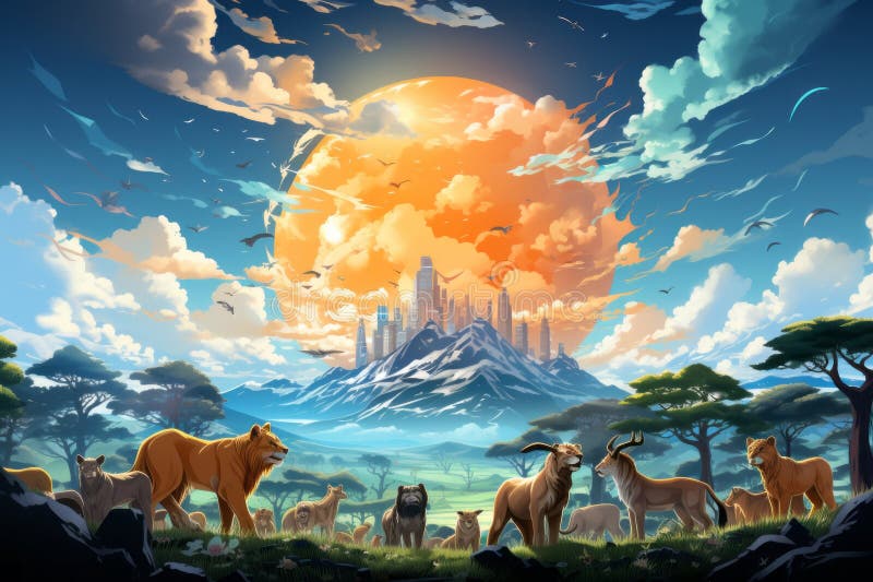 Animals in the Forest with a Castle in the Background Stock ...