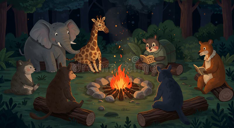 Animals Gather Around a Campfire in a Forest Setting. the Group ...