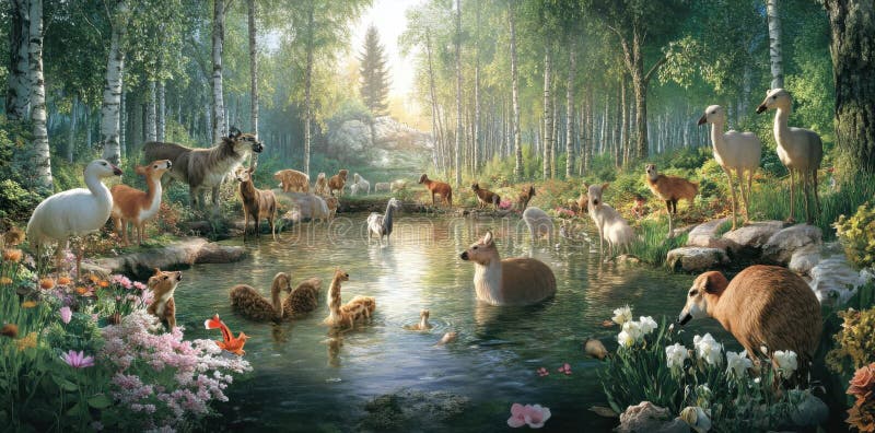 Animals Gather Near Lake in Serene Forest, Harmony Theme Stock Image ...