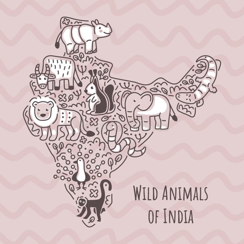 Animals of India on Map. Doodle Style Illustration. Outline Sketch ...