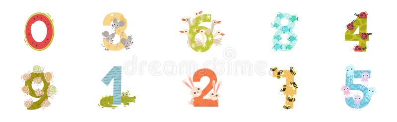 Animals Number and Numerals for Kids with Funny Mammal Vector Set Stock ...