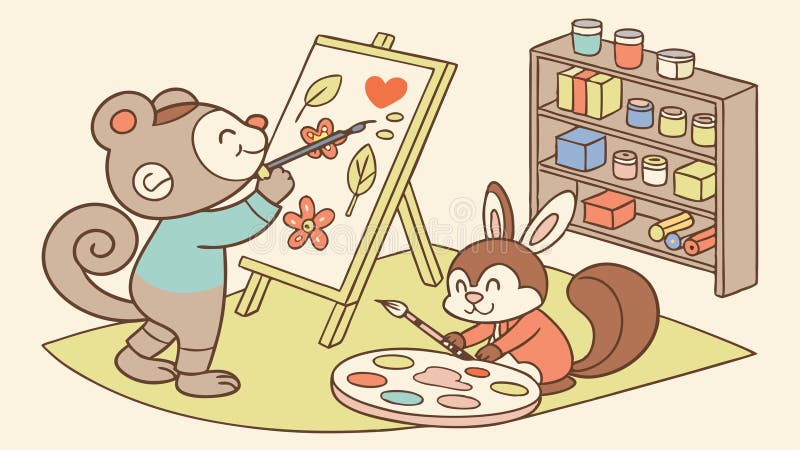 Animals Painting in Art Studio, Creative Learning Session. Vector ...