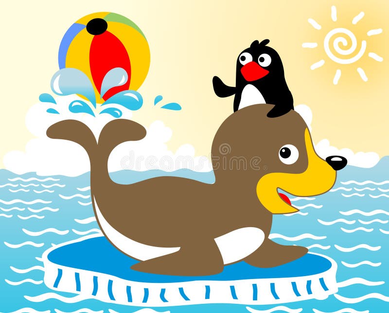 Seals Playing With Ball COLOR And BW Stock Illustration - Illustration ...