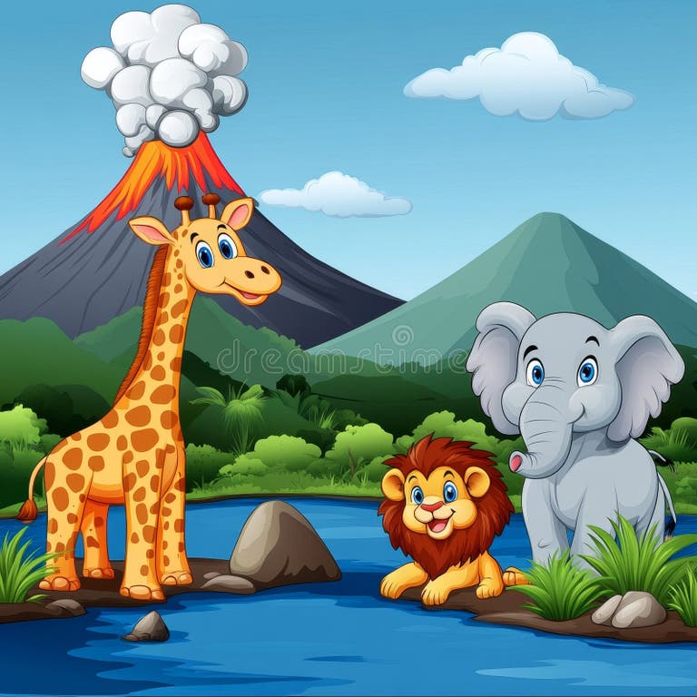 Animals Playing by the River in a Volcano Eruption Landscape Stock ...