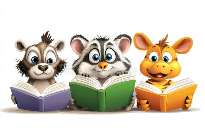 Animals Reading Books in Cartoon Style on a White Background Stock ...