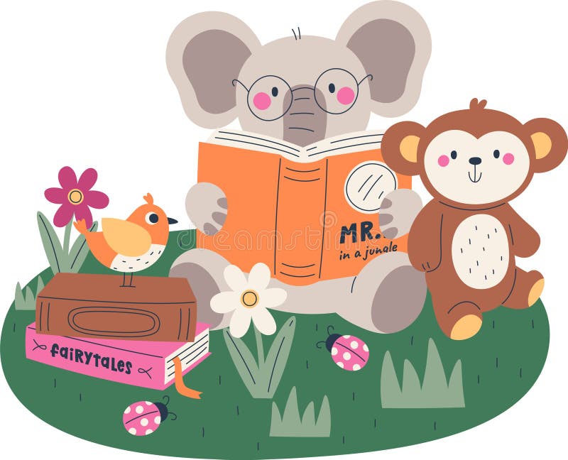 Animals Reading Books on Lawn Stock Vector - Illustration of book ...