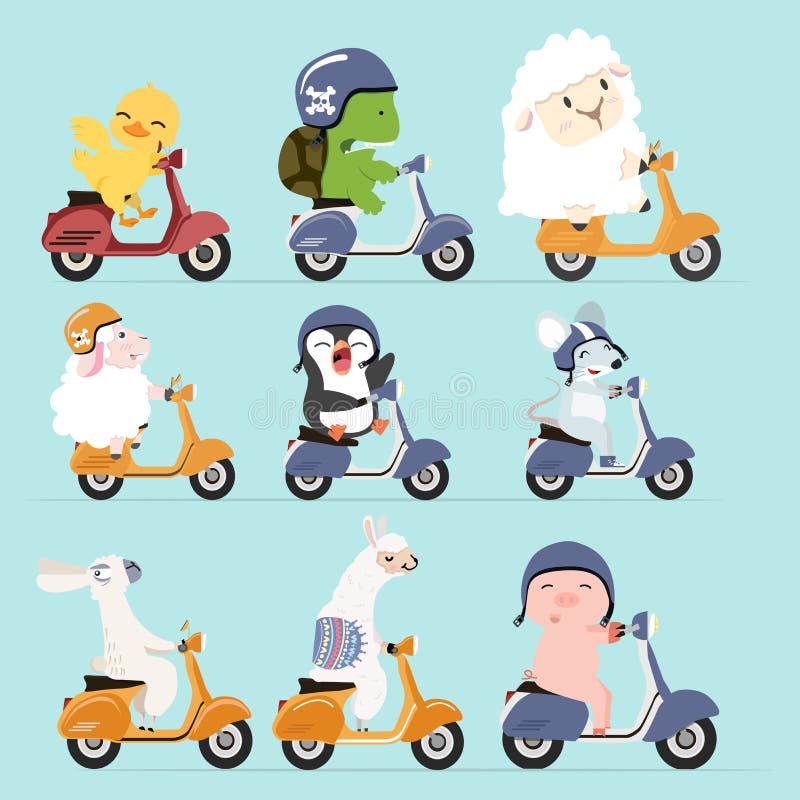 Set Of Animals Riding Bikes And Scooters Stock Vector - Illustration of ...