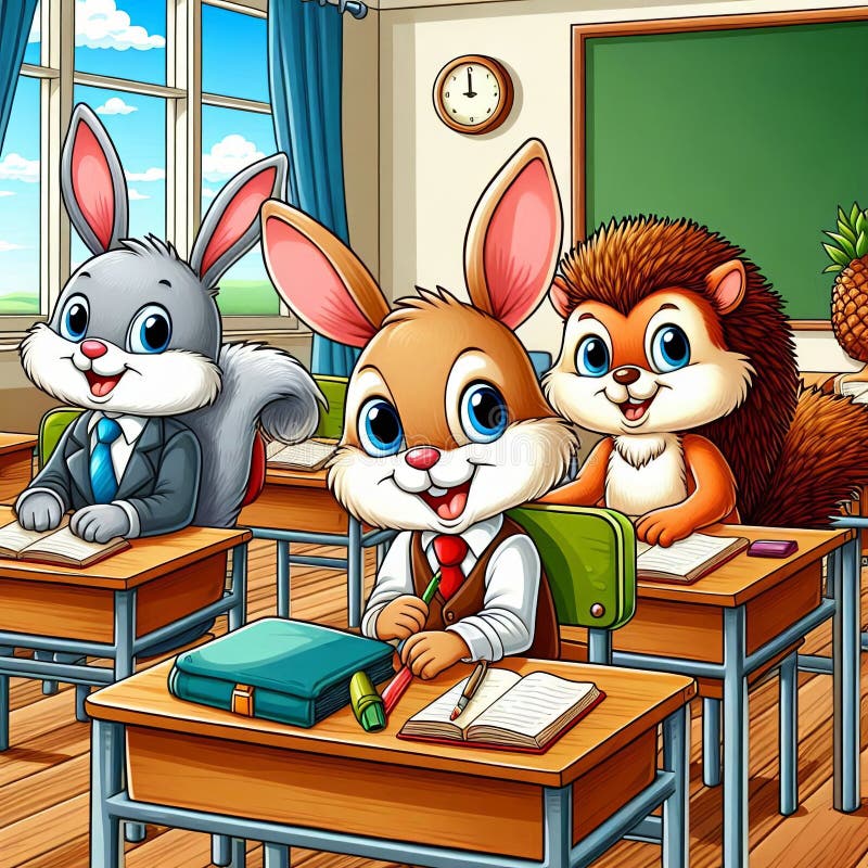 Animals at School Desk stock illustration. Illustration of cartoon ...