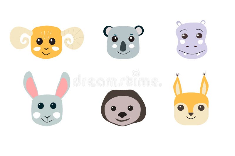 Set with Animals of Rabbit, Hippopotamus, Sheep on White Bacground ...